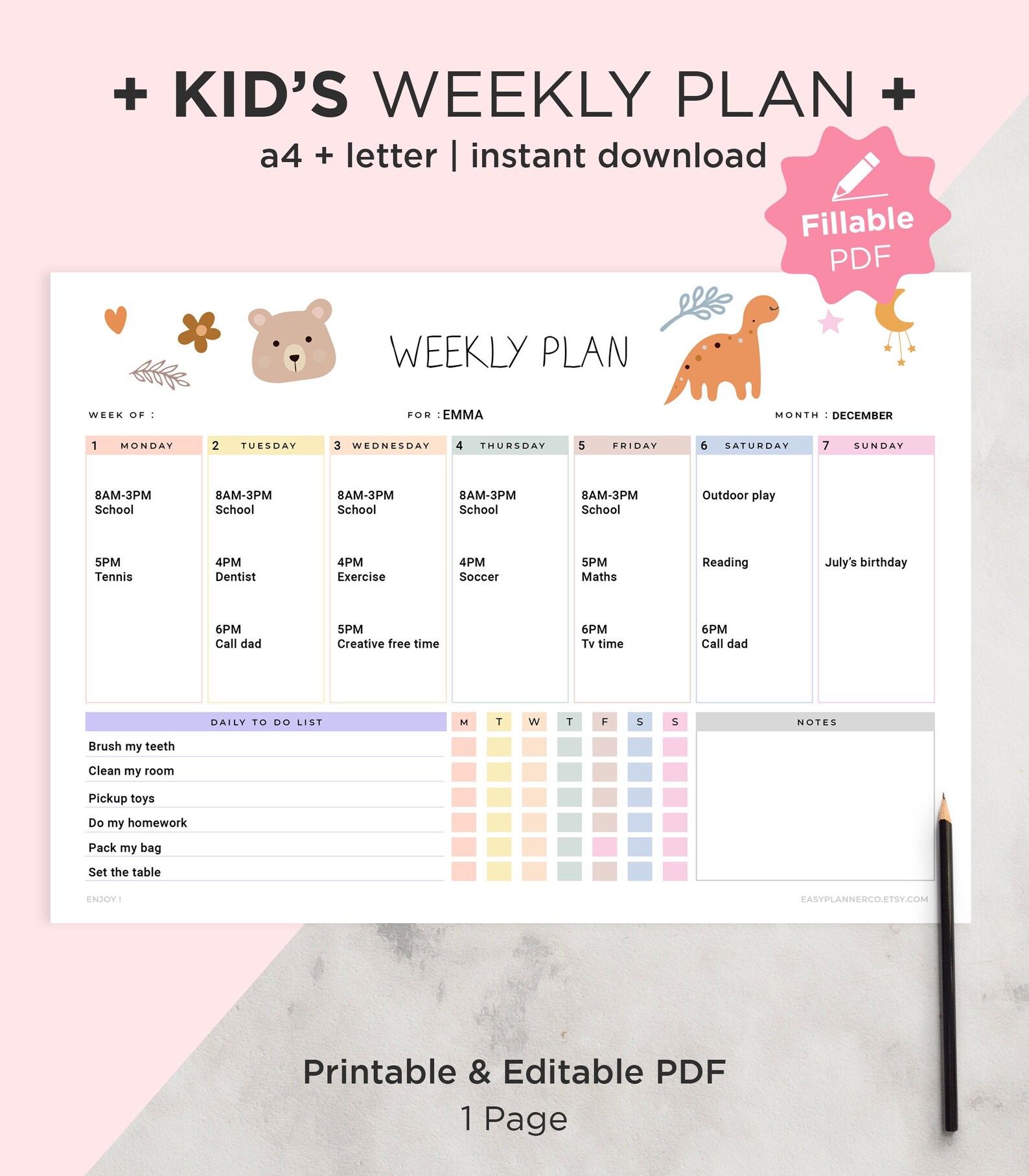 Editable Kids Weekly Planner, Kids Weekly Chores, Kids Printable ...