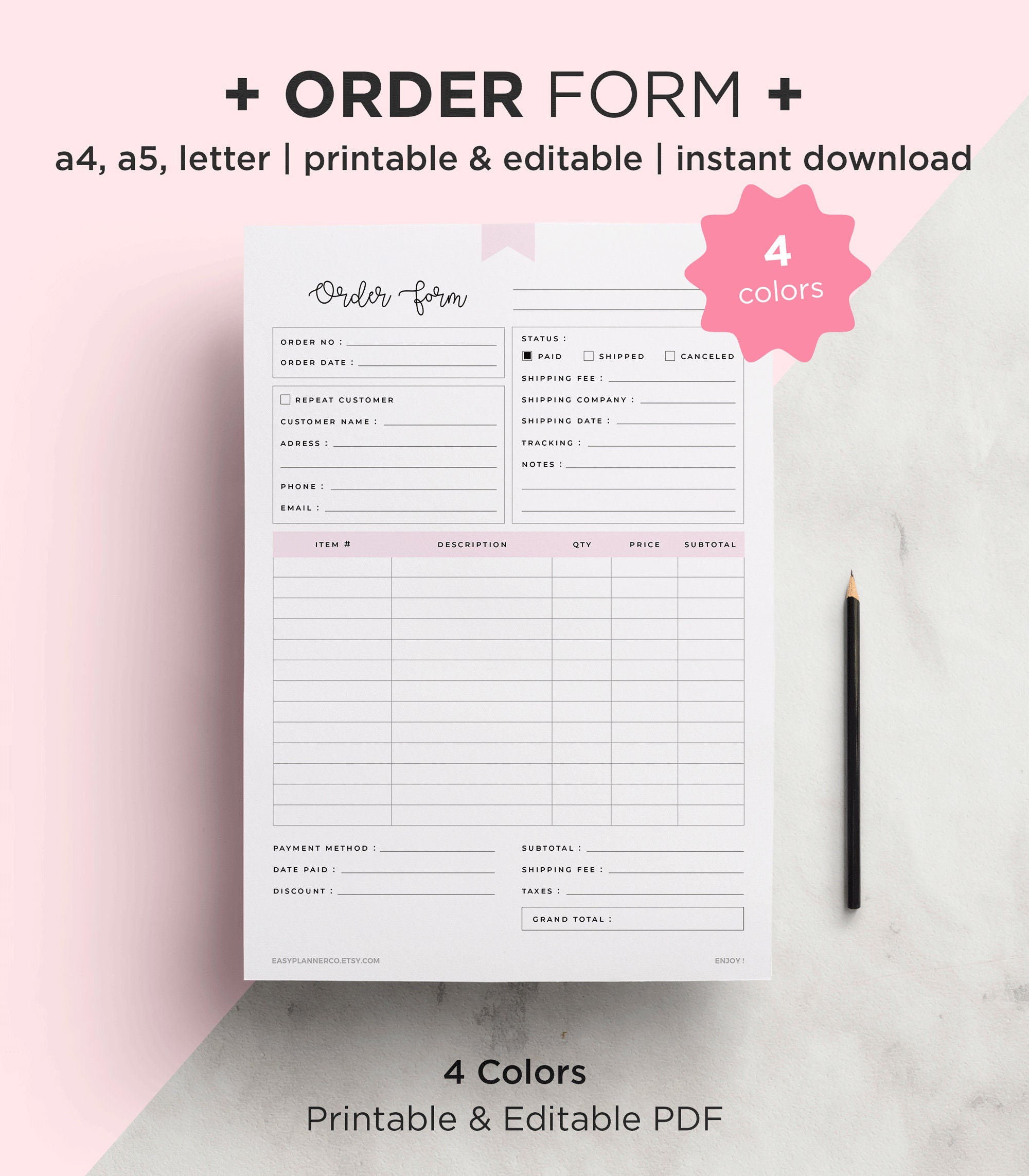 Order Form, Editable Order Form Template, A5 Order Form, Order Form ...