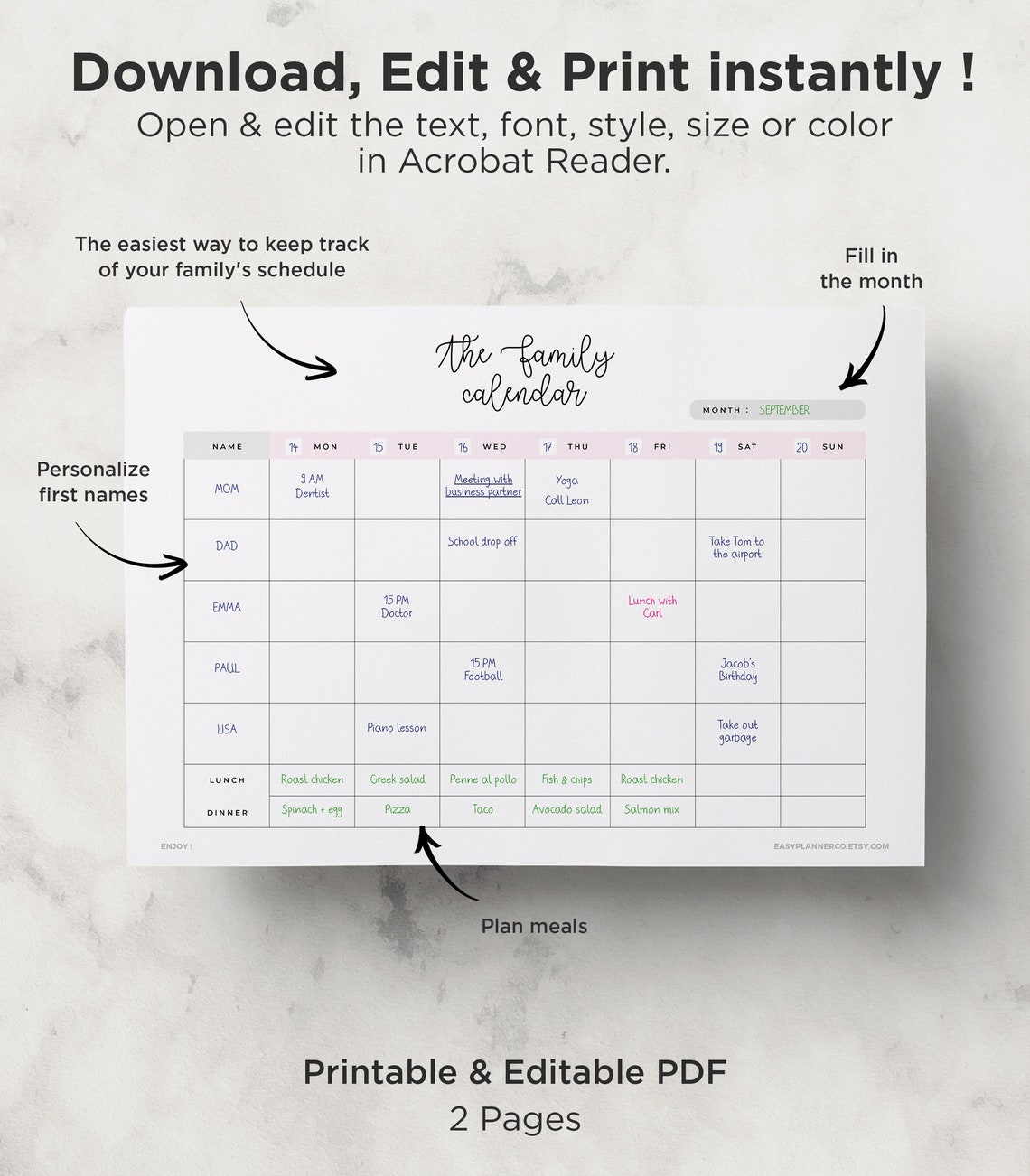 Family Calendar Printable Calendar for Family Command - Etsy
