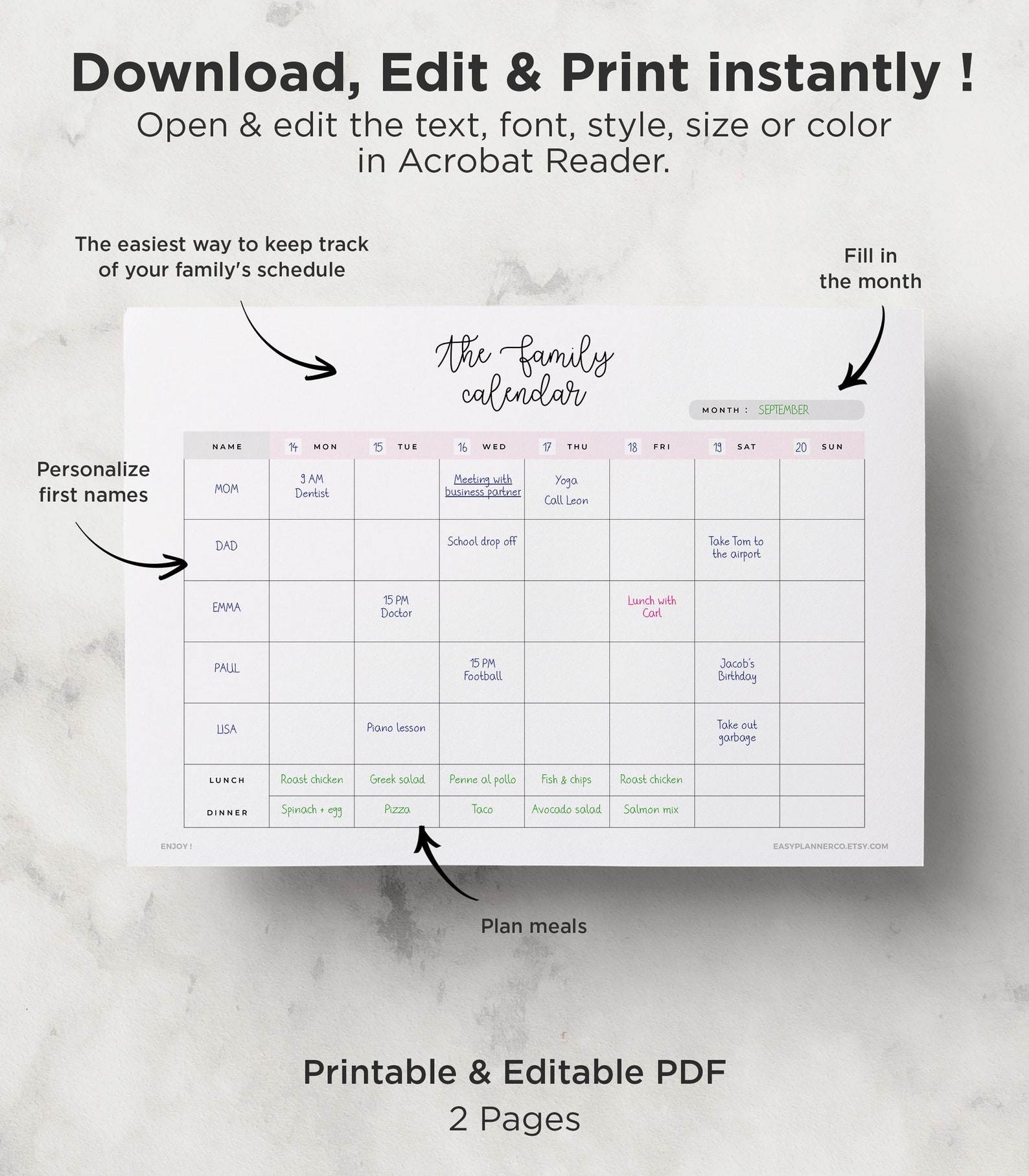 Family Calendar Printable Calendar for Family Command - Etsy