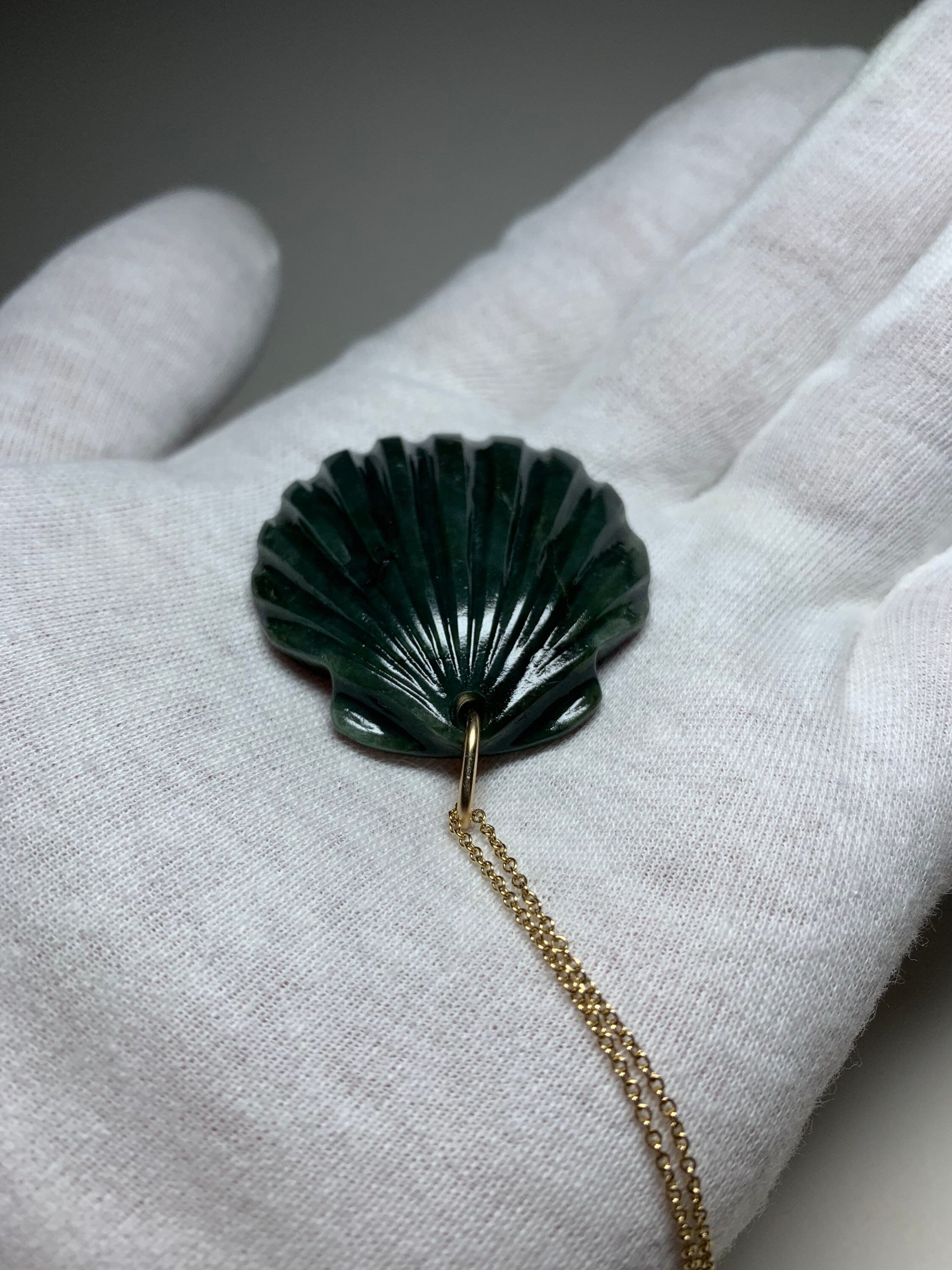 Hand Carved Big Sur Blue-green Jade Scallop Sea Shell Necklace // 14k ...