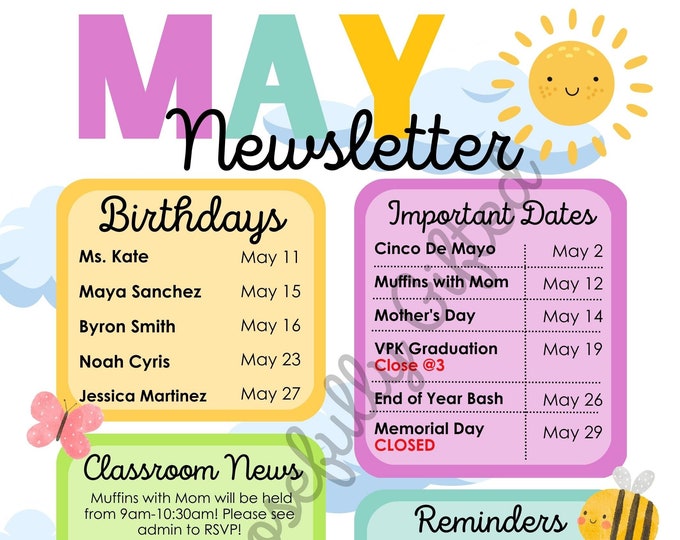 May Newsletter Template | May Daycare Newsletter Canva Template ...