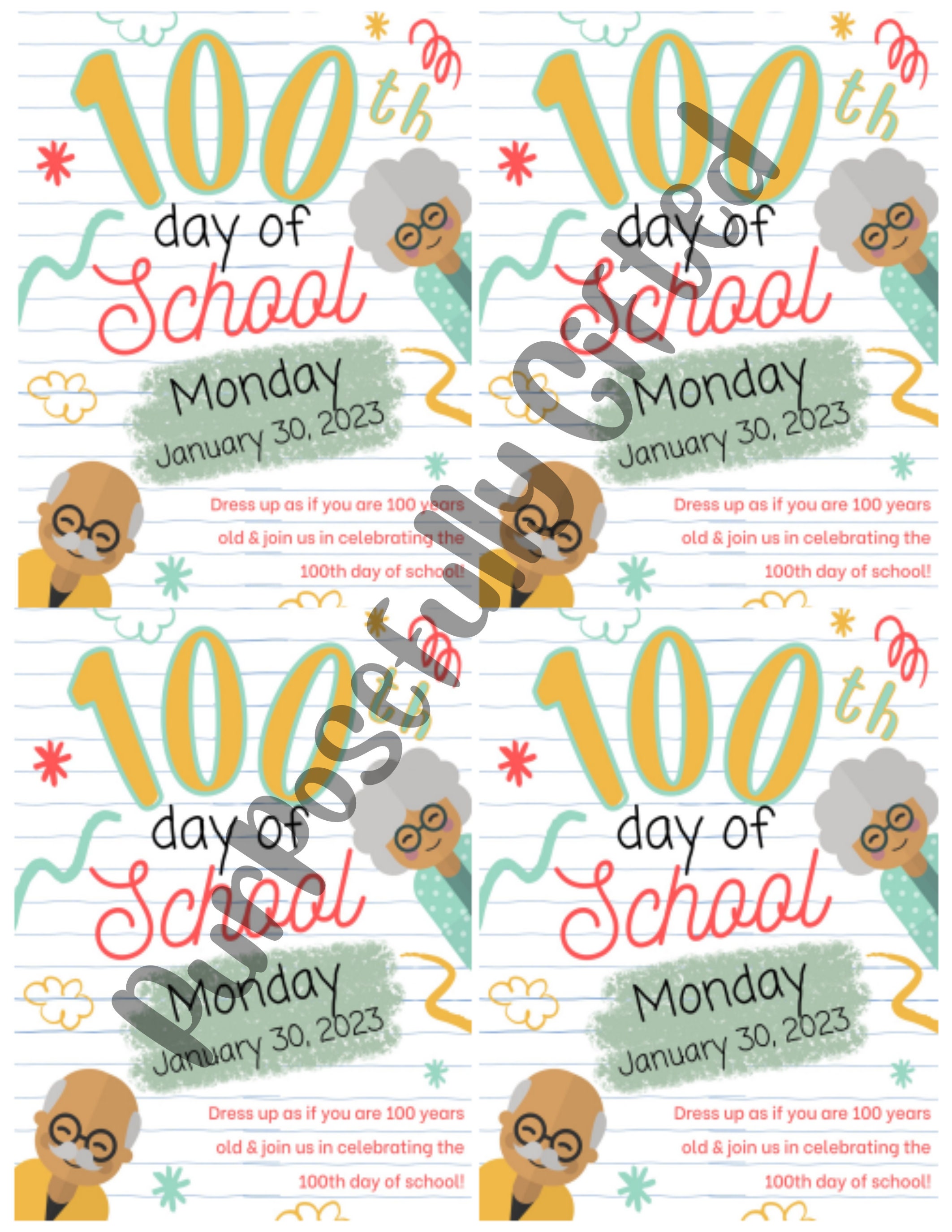 100th Day of School Flyer Grandparents 100 Years Old Fun Day to ...
