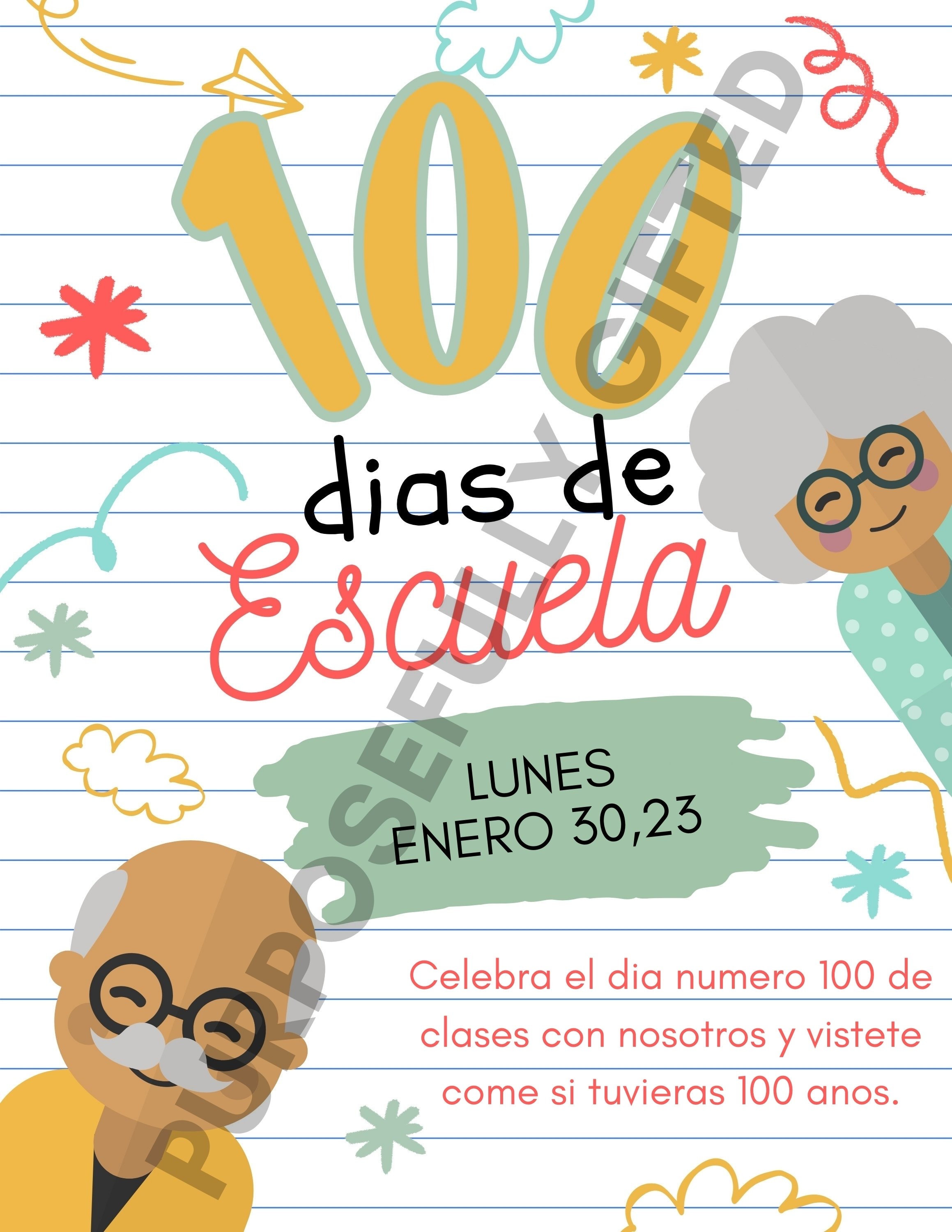 100th Day of School Flyer - English & Spanish - 100 Years Old - Fun Day ...