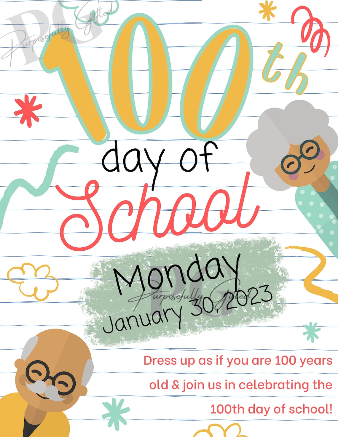 100th Day of School Flyer Grandparents 100 Years Old Fun Day to ...