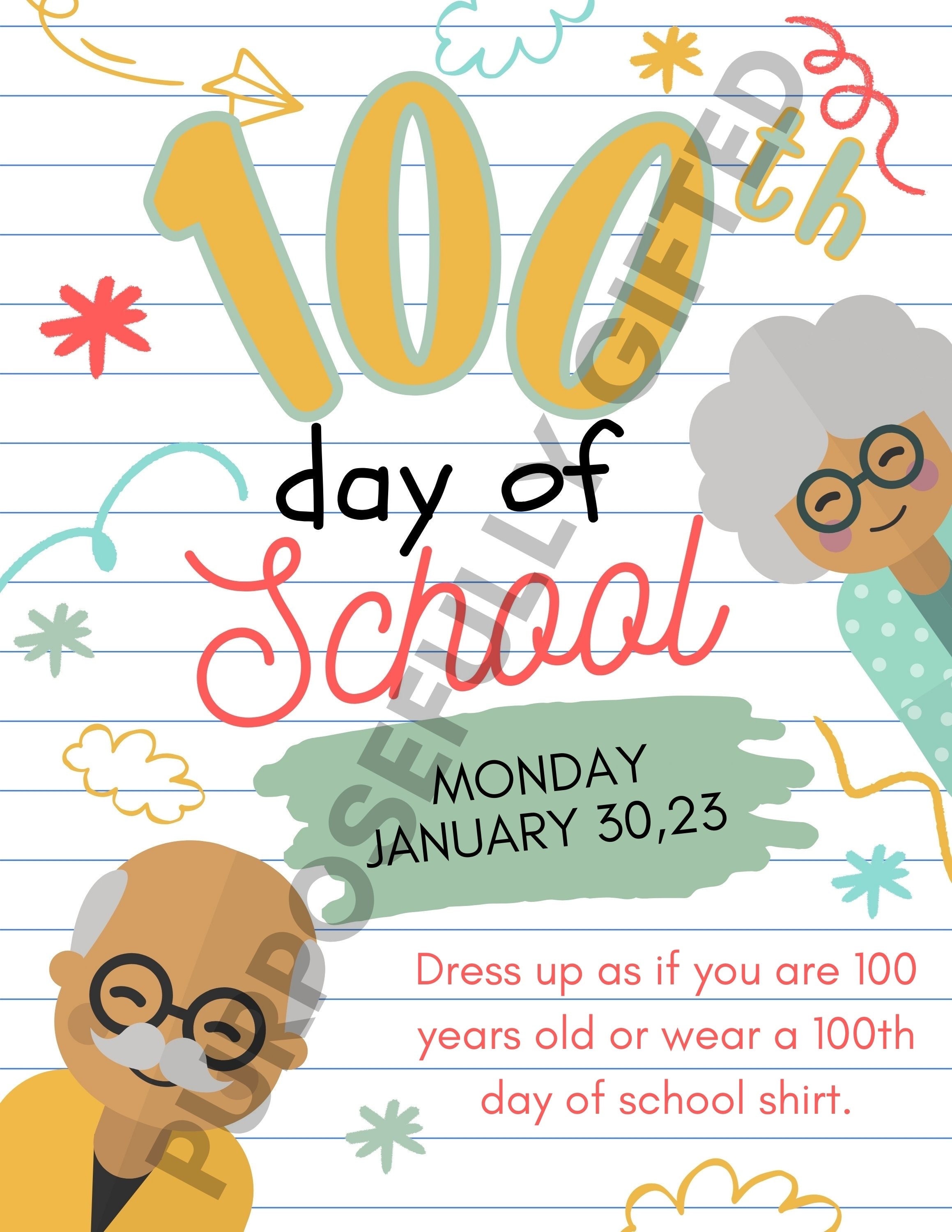 100th Day of School Flyer - English & Spanish - 100 Years Old - Fun Day ...