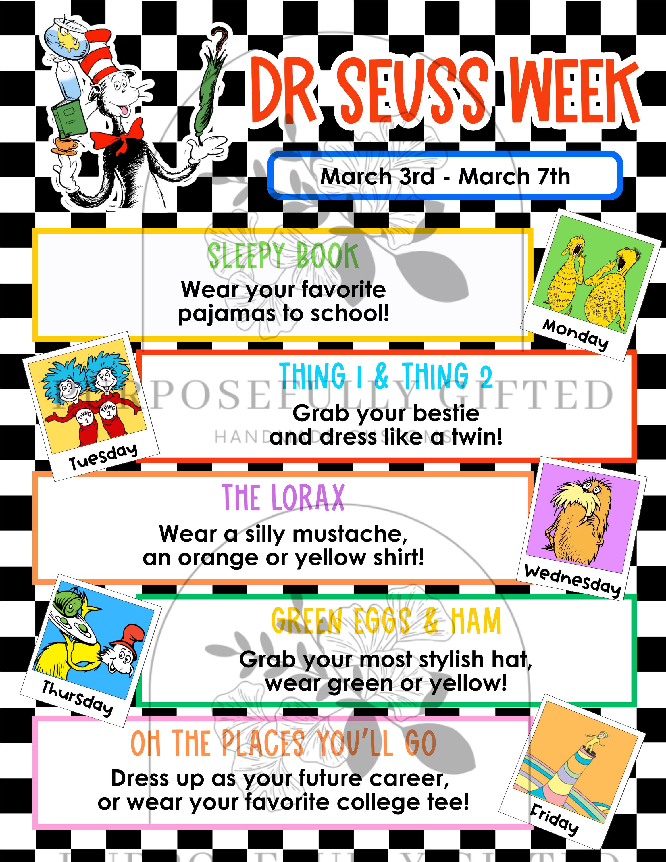 Read Across America Week 2025, School Spirit Week Schedule School Pto ...