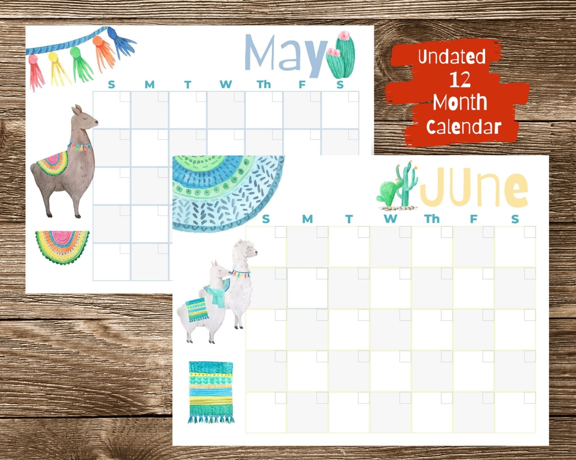 Calendar Printable Undated Llama Calendar 12 Month Calendar Printable ...