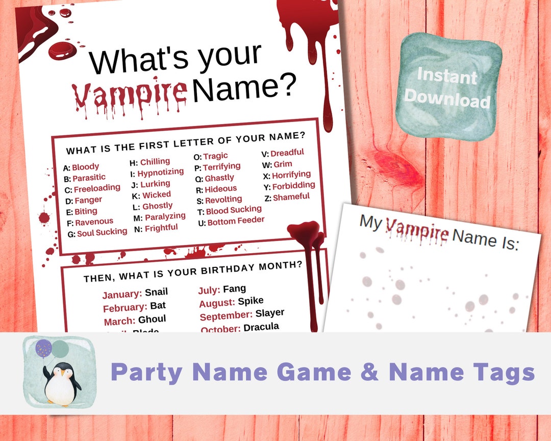 Vampire Name Game | Halloween Game Printable | Bloody Vampire Halloween ...