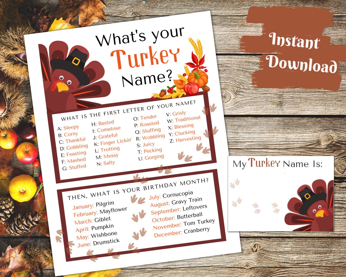 Thanksgiving Party Game, Whats Your Turkey Name Game, Turkey Day Party ...