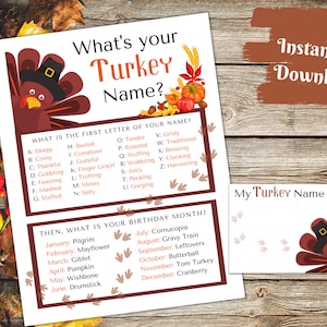 Thanksgiving Party Game, Whats Your Turkey Name Game, Turkey Day Party ...