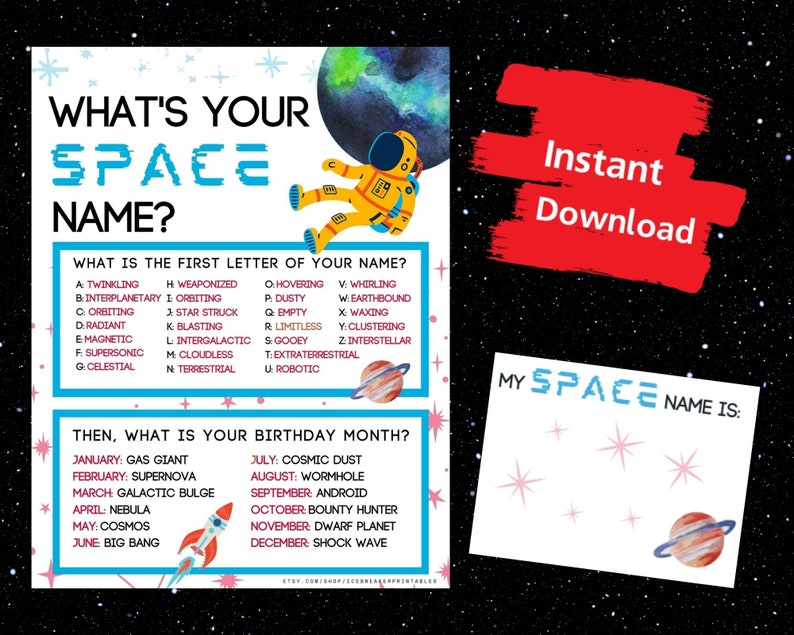 Space Name Game: Galaxy Birthday Party Printable (digital Download) - Etsy