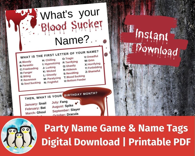 Blood Sucker Name Game Spooky Halloween Party Vampire | Etsy