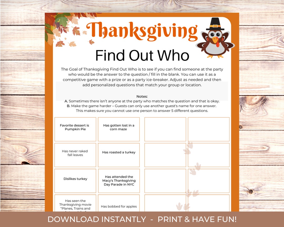 Thanksgiving Find Out Who Printable Thanksgiving Games Thanksgiving ...