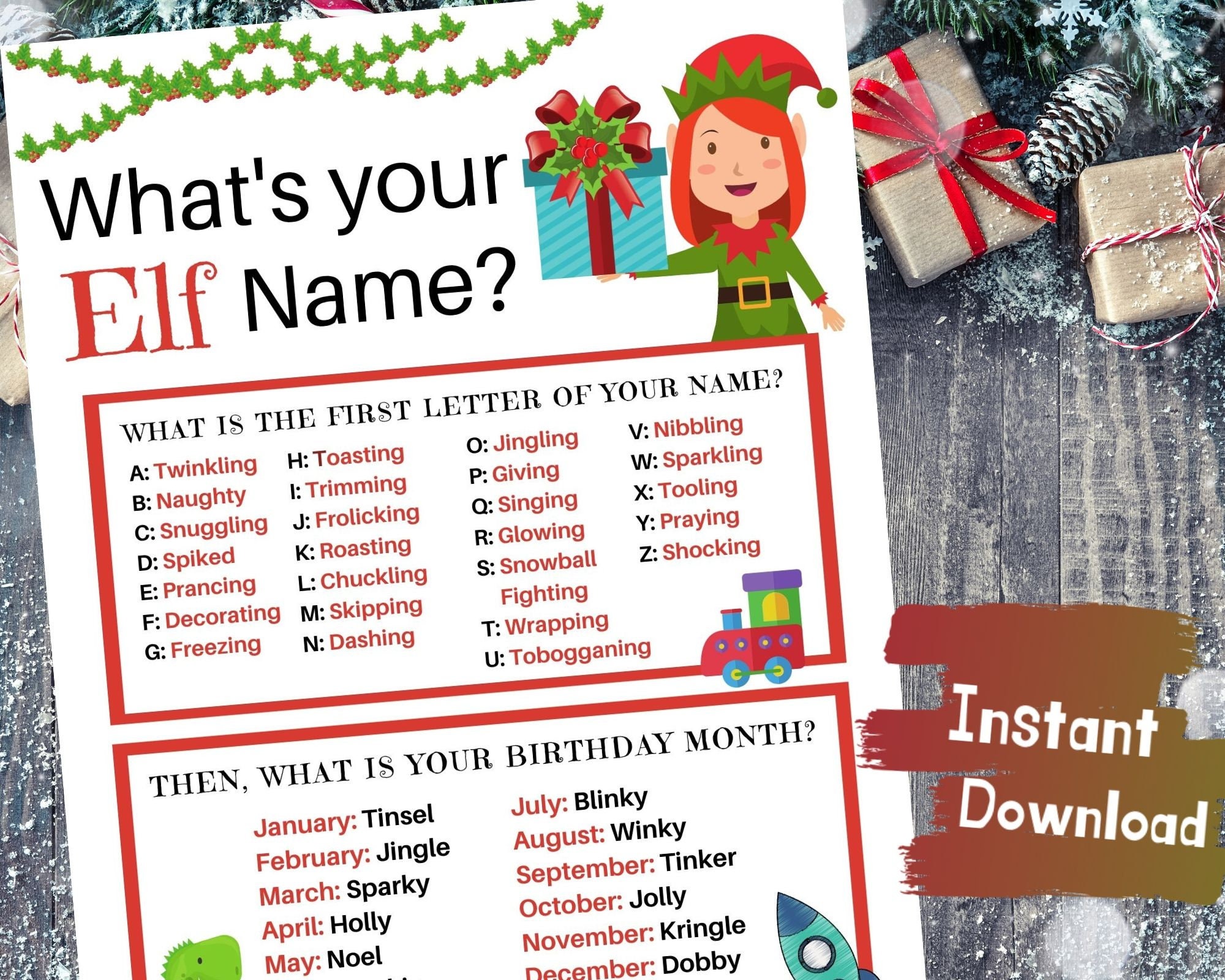 Gift Elf Name Game Christmas Party Game Elf Party Game Holiday Party ...