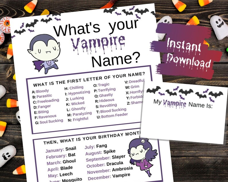 Vampire Name Game, Halloween Game Printable, Vampire Halloween, Kids ...