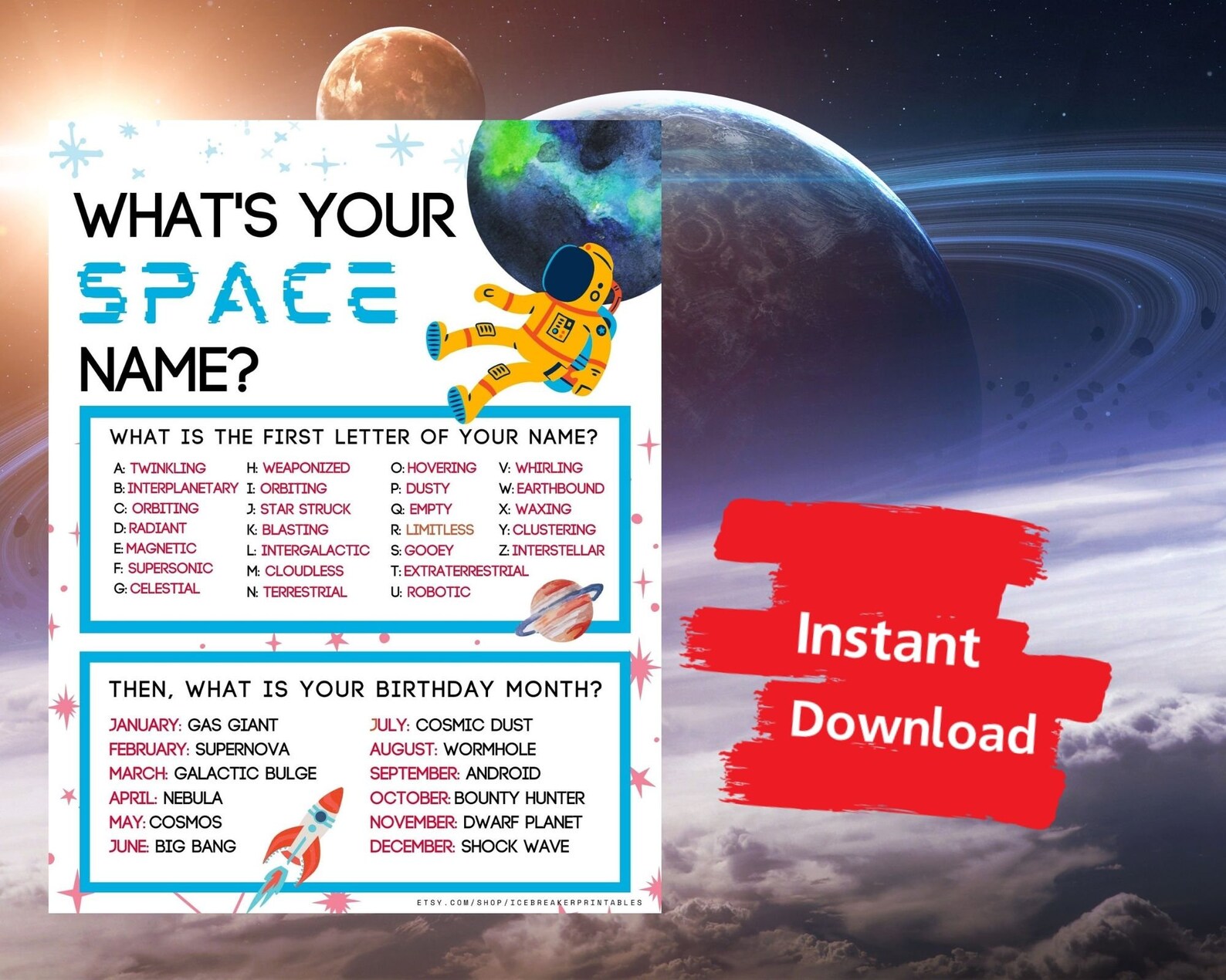 Space Name Game: Galaxy Birthday Party Printable (digital Download) - Etsy