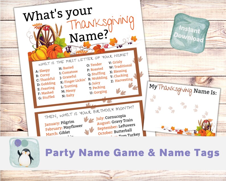 Thanksgiving Party Game | Thanksgiving Name Game | Turkey Day Party ...
