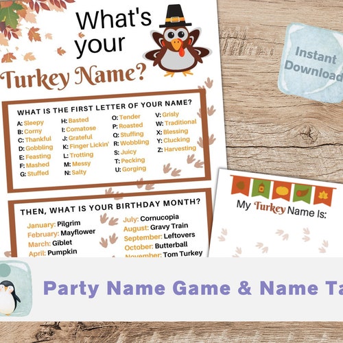 Thanksgiving Whats Your Turkey Name Game Thanksgiving Party - Etsy