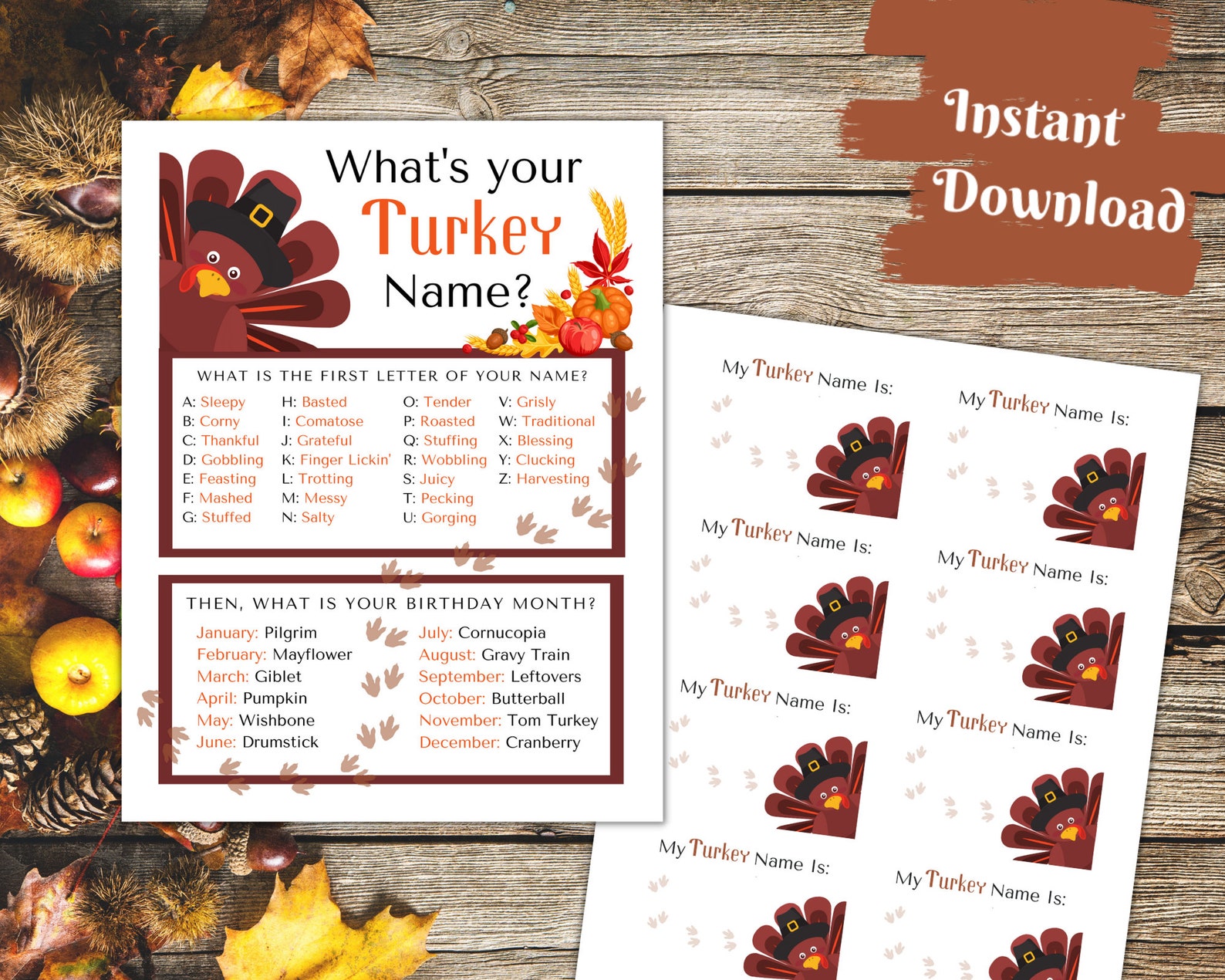 Thanksgiving Party Game, Whats Your Turkey Name Game, Turkey Day Party ...