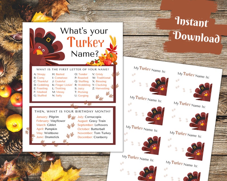 Thanksgiving Party Game, Whats Your Turkey Name Game, Turkey Day Party ...