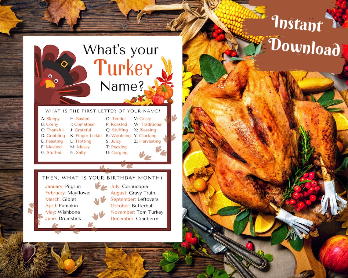 Thanksgiving Party Game, Whats Your Turkey Name Game, Turkey Day Party ...