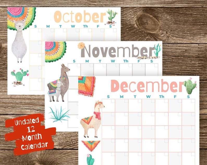 Calendar Printable Undated | Llama Calendar | 12 Month Calendar ...