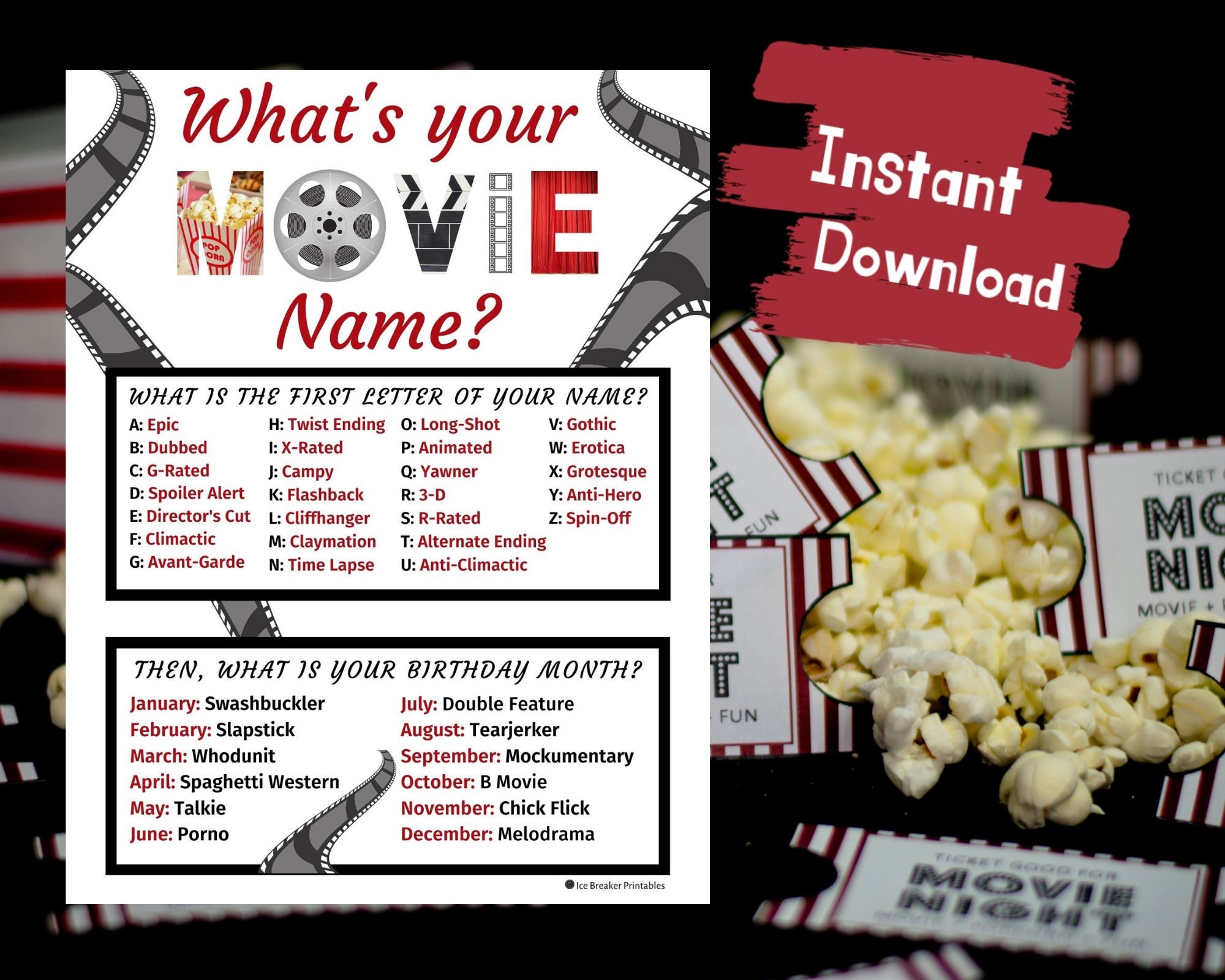 Movie Night Name Game: Printable Party Activity (instant Download) - Etsy