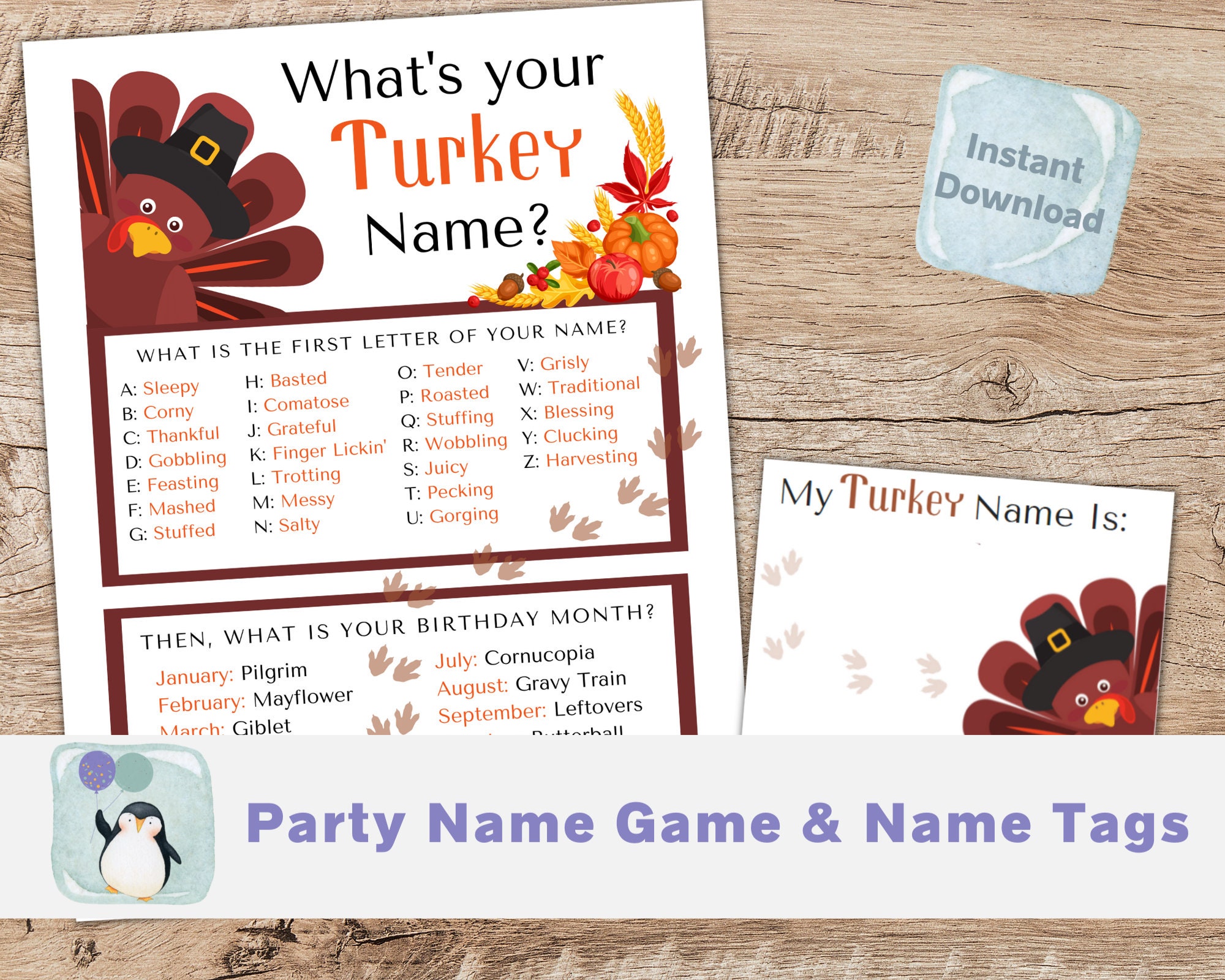 Thanksgiving Party Game, Whats Your Turkey Name Game, Turkey Day Party ...