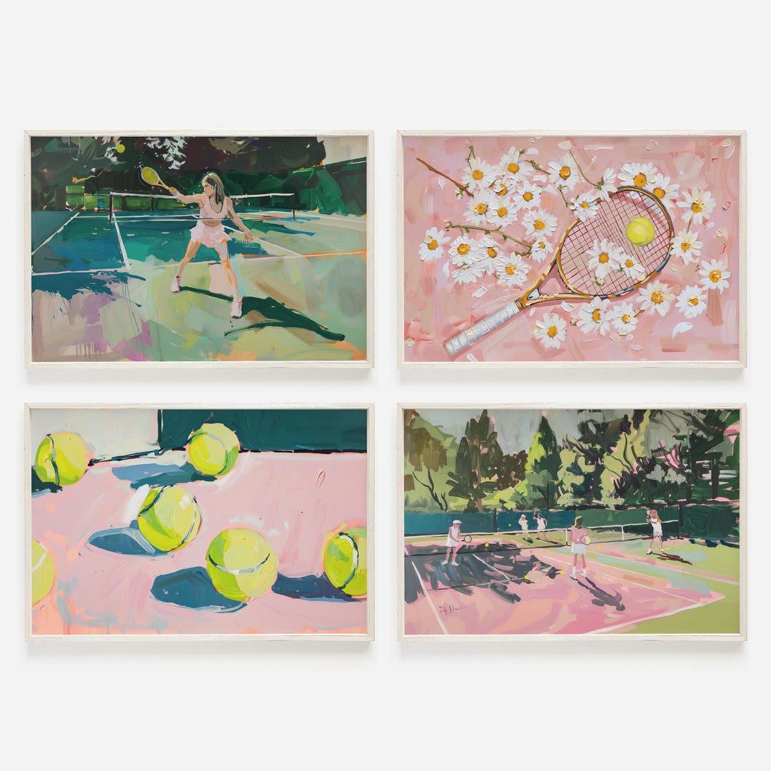 Vintage Pink Tennis Prints, Set of 4 Prints, Pastel Mid Century Art ...