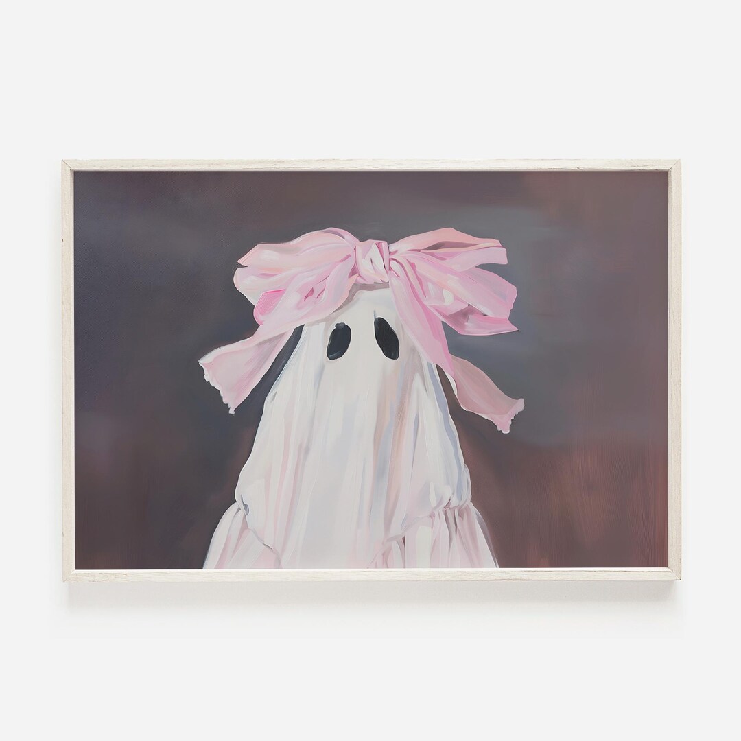 Pink Bow Ghost Wall Art, Cute Ghost Poster, Halloween Decor, Pastel ...