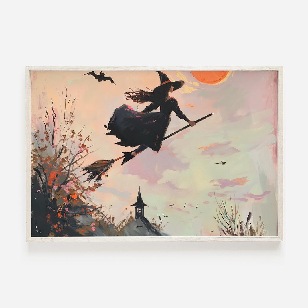 Witch Flying on Broomstick Print, Girly Halloween Decor, Witch Coven ...
