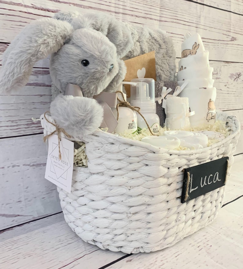 Organic Bunny Baby Gift Basket, Personalize Name, Gender Neutral Baby ...