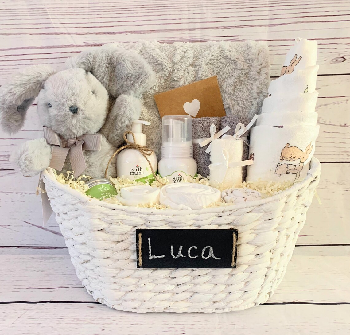 Organic Bunny Baby Gift Basket, Personalize Name, Gender Neutral Baby ...