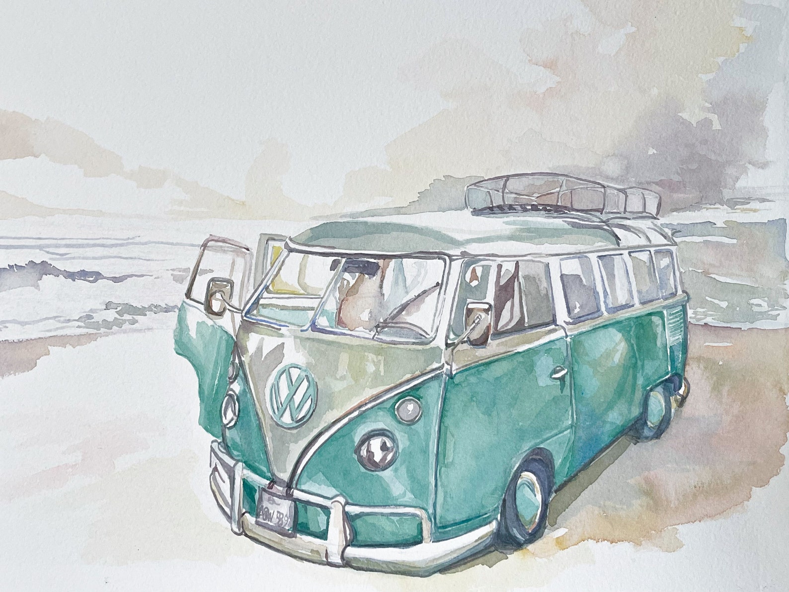 VW Bus on Beach Print From Original Watercolor by Collette Golato - Etsy