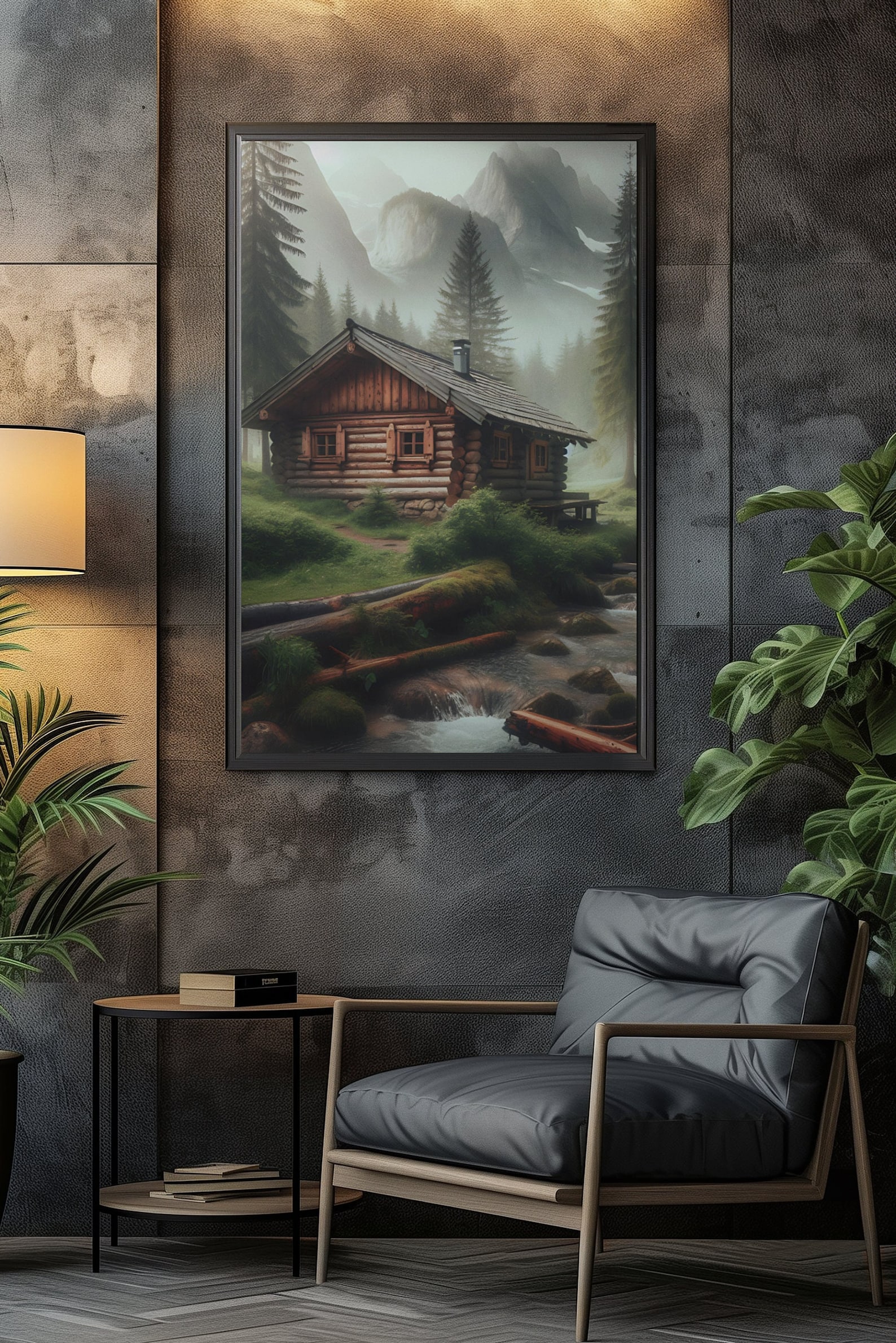 Wall Art Rustic Log Cabin in the Woods by Beautiful Stream Tranquil ...