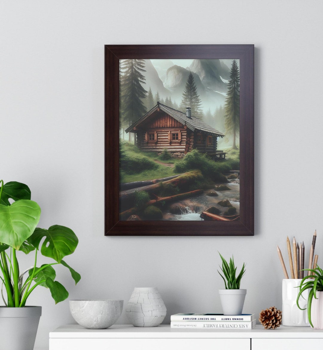 Framed Log Cabin Wall Art Log Cabin in Woods Beautiful Mountain Wall ...