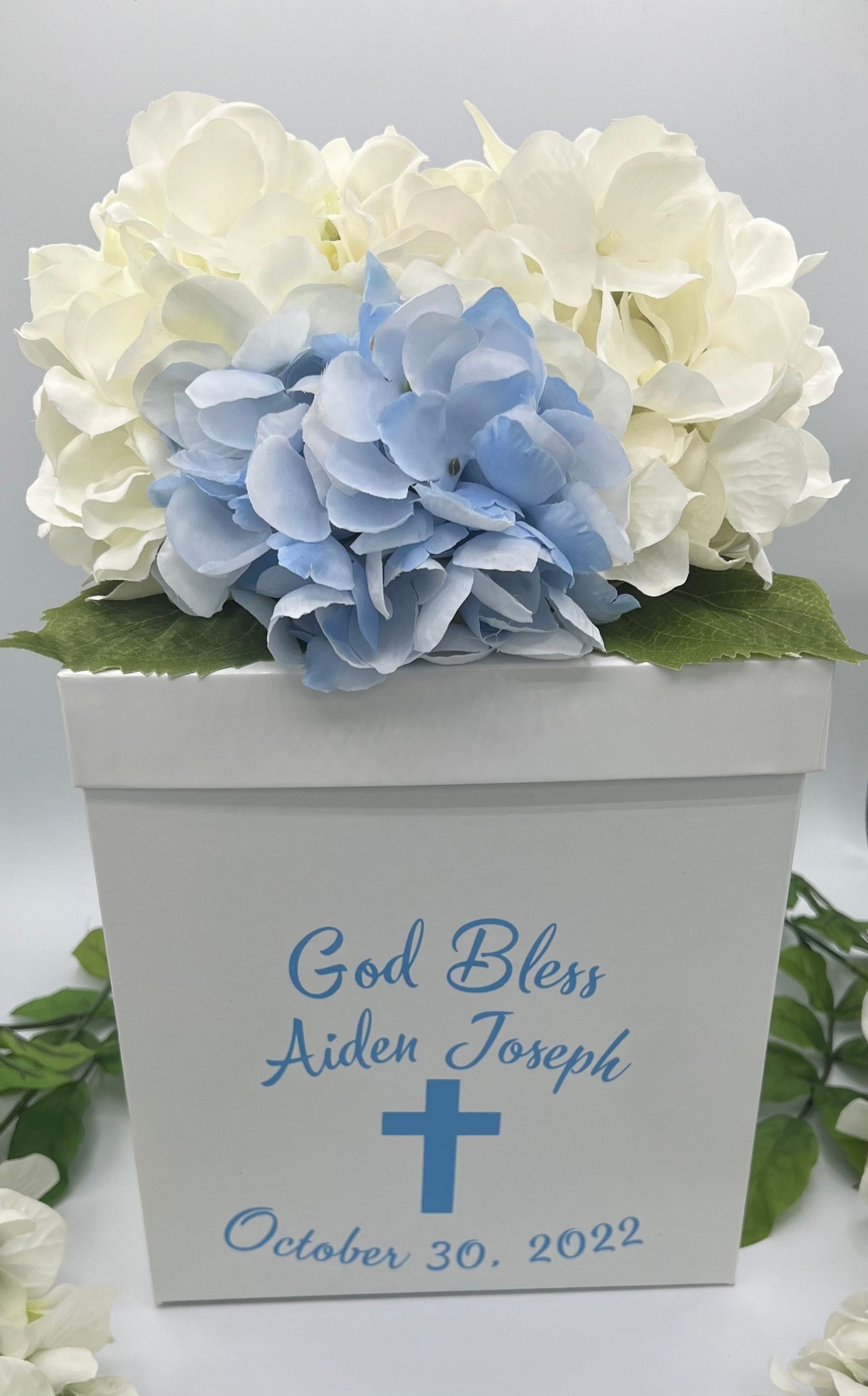 Christening Flower Centerpiece | Baptism Flower Centerpiece | White Box Centerpiece | Baptism ...