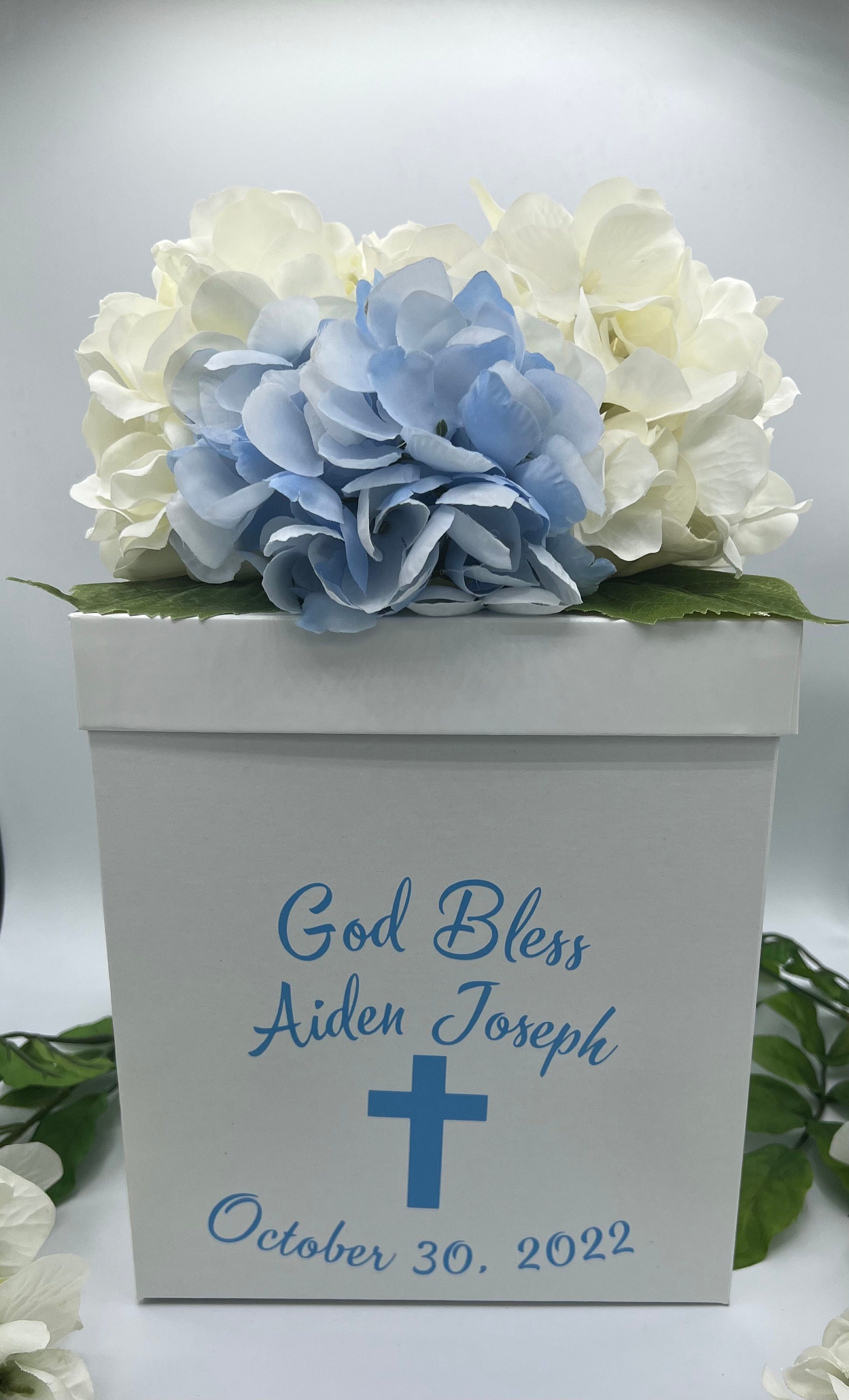 Christening Flower Centerpiece | Baptism Flower Centerpiece | White Box Centerpiece | Baptism ...