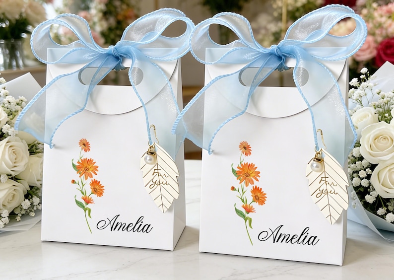 Custom Birth Flower Gift Bags, Elegant Ribbon Tie Rope Gift Bags ...