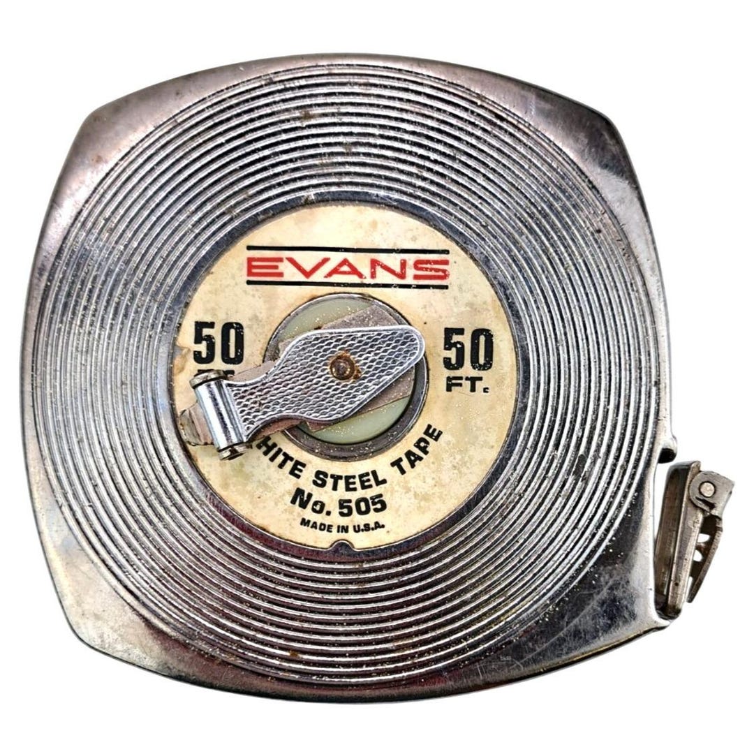Vintage Evans Tape Measure 50 Ft White Steel 505 Made in USA Wind up ...