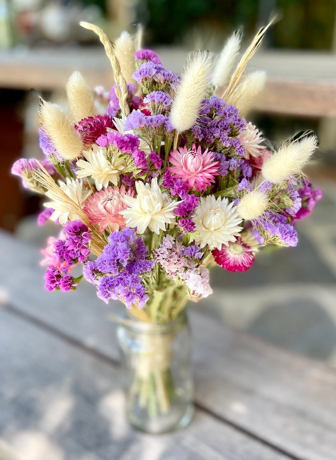 Natural Dried Flowers Bouquet Arrangement Featuring Strawflowers, Bunny ...