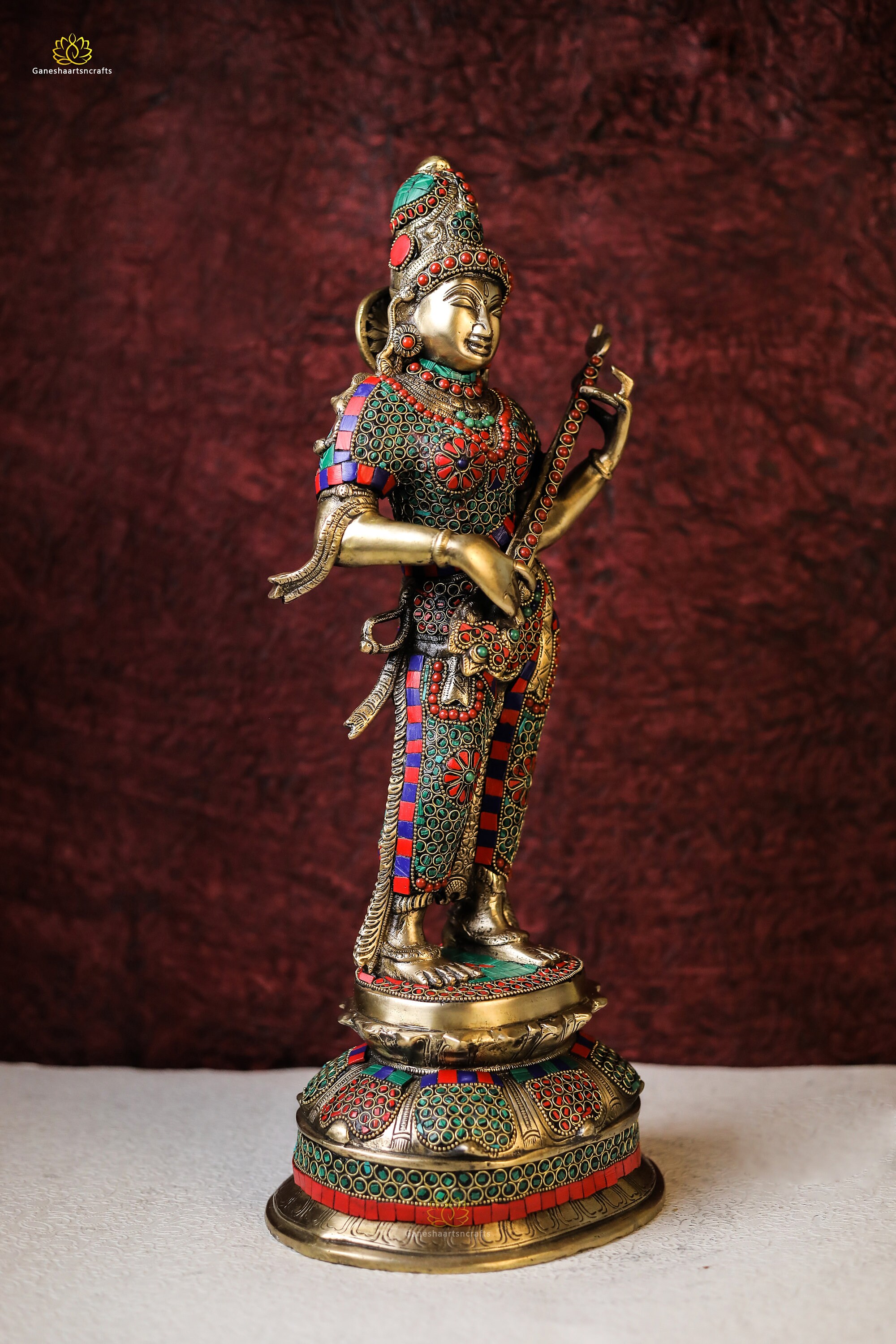 Brass Saraswati Statue: Veena Idol With Mosaic Stone Work (53cm) - Etsy