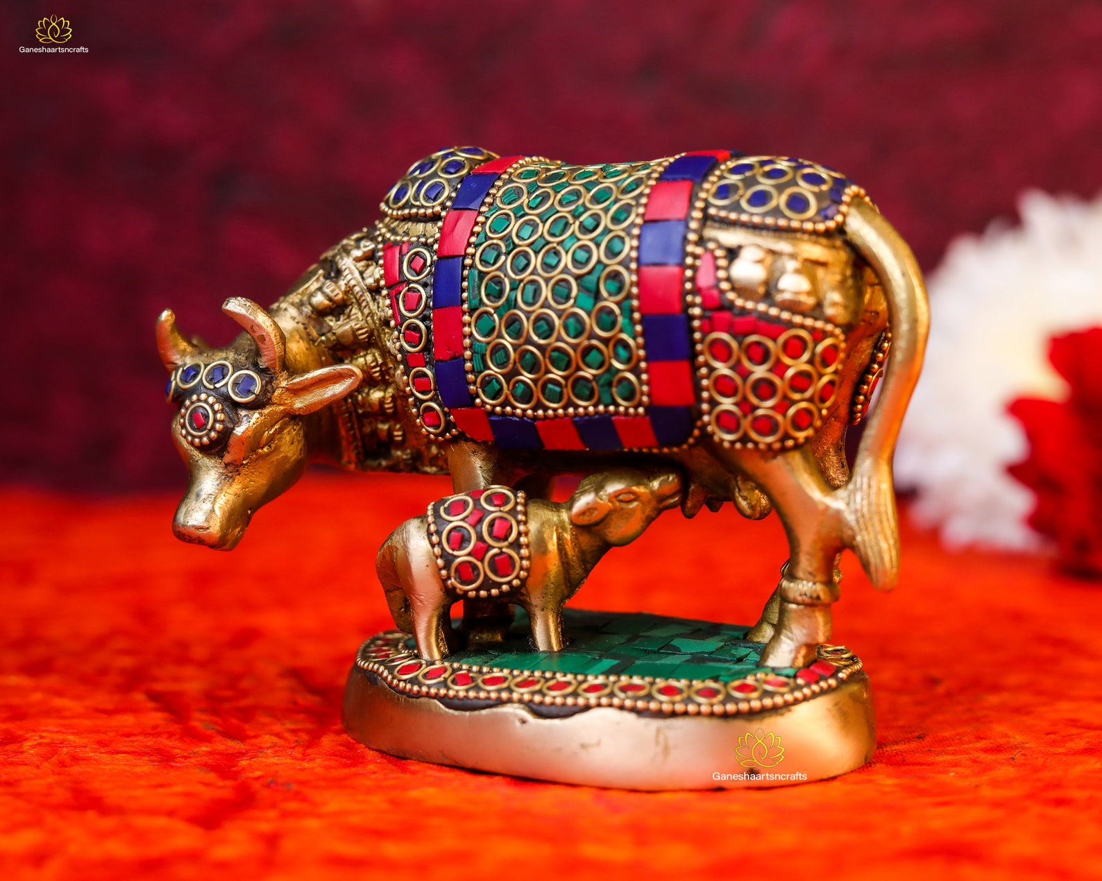 Cow Calf Statue 11 Cm Inlay Stone Work Cow Idol Kamdhenu - Etsy