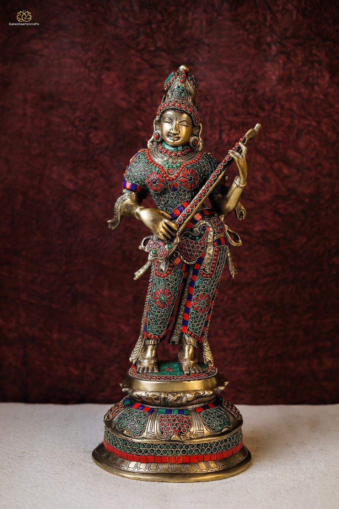 Brass Saraswati Statue: Veena Idol With Mosaic Stone Work (53cm) - Etsy UK