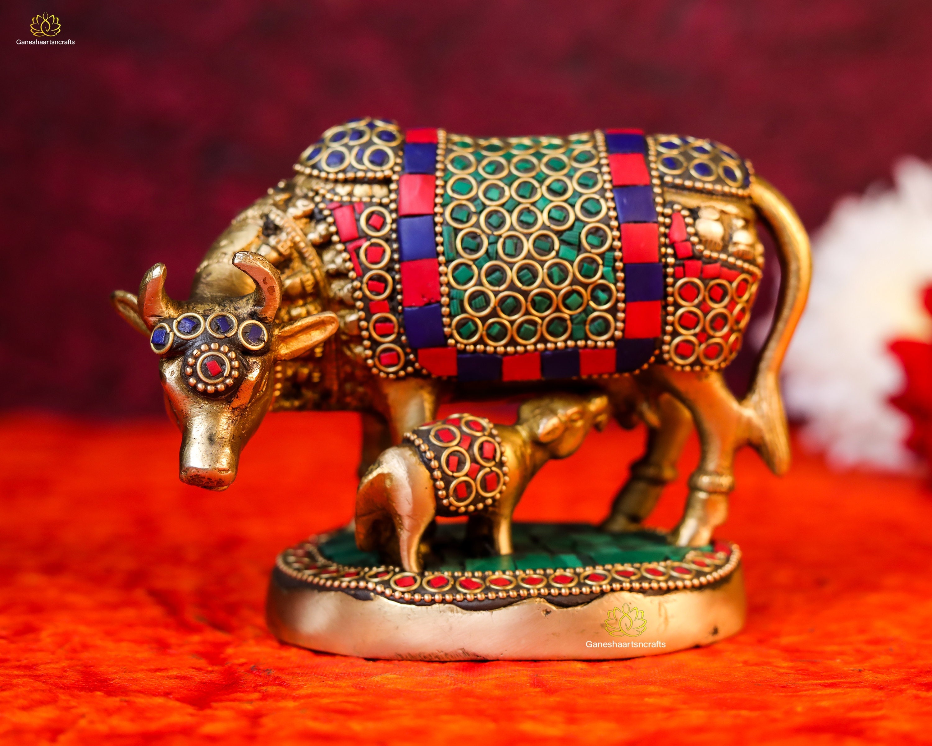 Kamdhenu Statue: Brass Cow & Calf Idol With Inlay Stone Work - Etsy