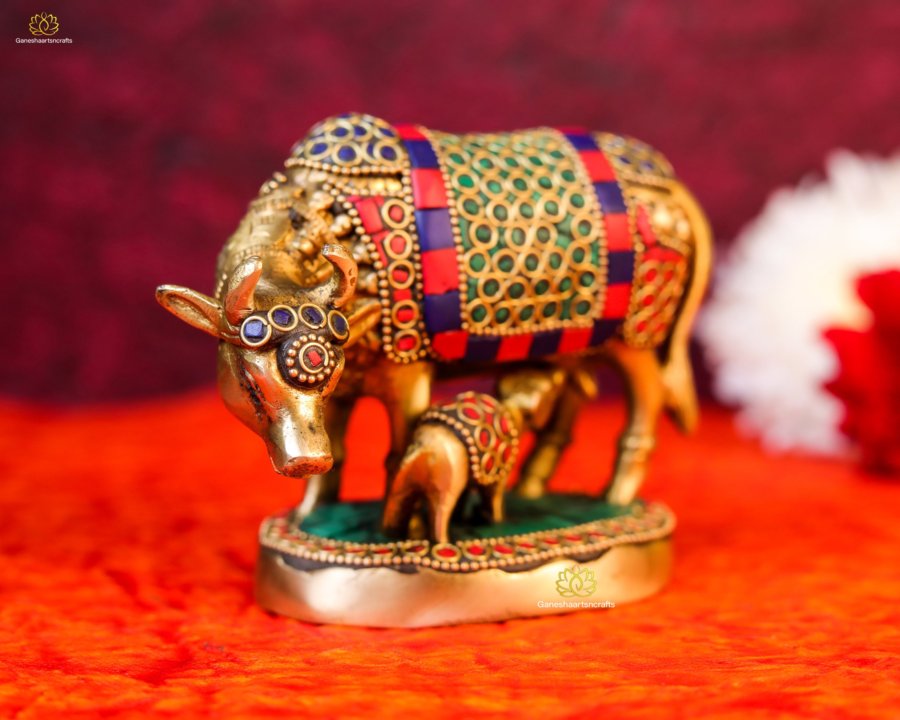 Kamdhenu Statue: Brass Cow & Calf Idol With Inlay Stone Work - Etsy