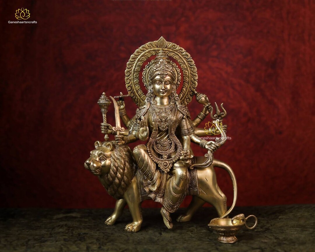 Large Brass Durga Statue: Hindu Goddess Parvati, Shakti Warrior (37cm ...