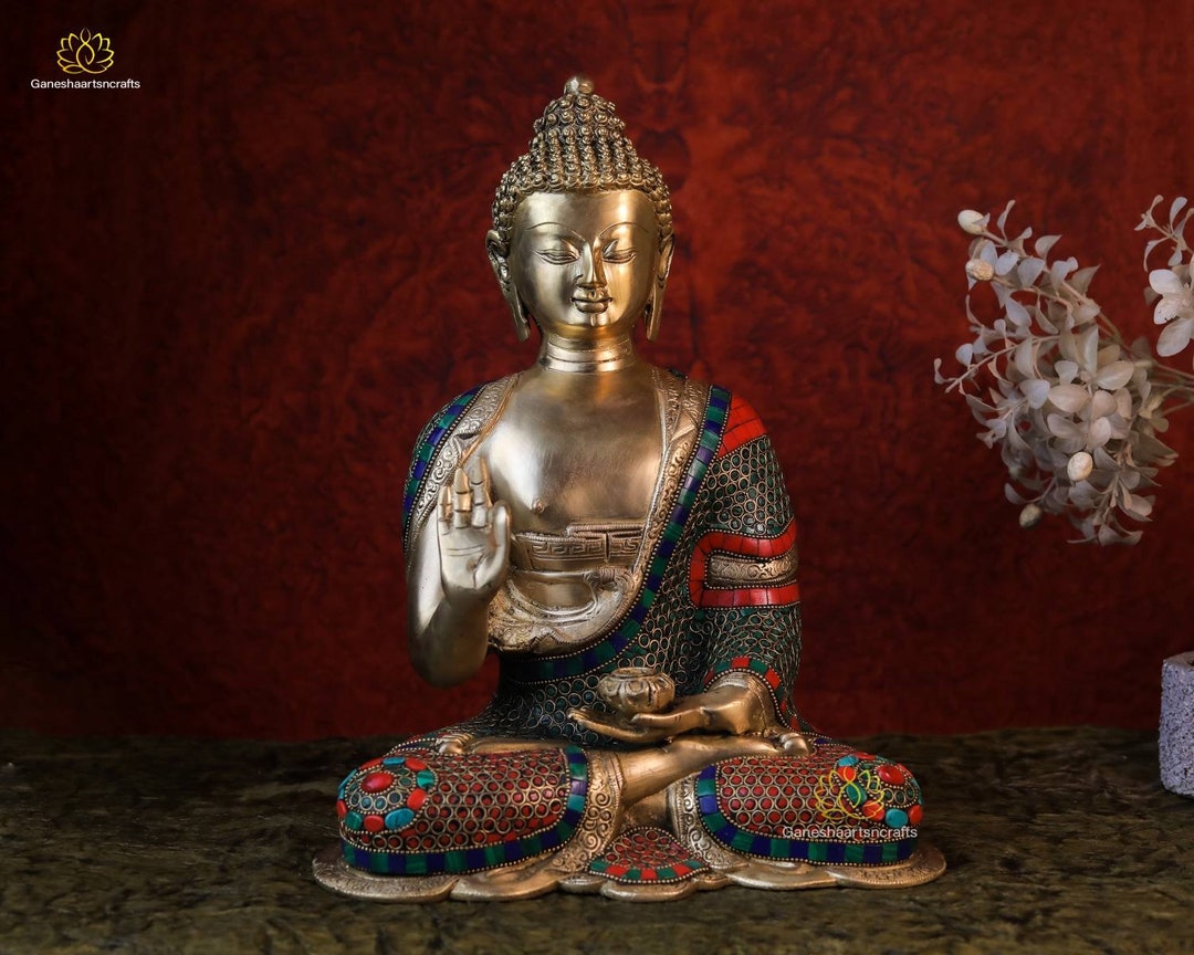 Large Brass Buddha Statue With Inlay Stone Work (38 CM) - Etsy