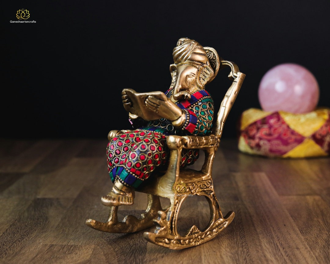 Brass Ganesh Statue on Rocking Chair: Inlay Stone Home Decor (17cm) - Etsy